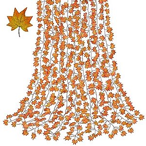 CQURE 14 Pack 98Ft Fall Leaf Garland, Hanging Vines Garland Artificial Fall Maple Leaves Garland Thanksgiving Decor for Home Wedding Fireplace Party （Orange Green）