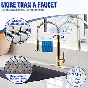 Gold Kitchen Faucet Stainless Steel Pull Down Kitchen Sink Faucet with Spray 1/One Hole Pre-Rinse Spring High- Arc Single Handle Kitchen Faucets for Sink Home Grifo del fregadero de la cocina dorada