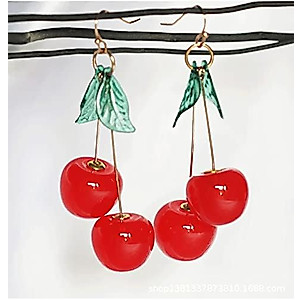 Cherry Cute Earrings for Women Red Funny Drop Dangle Earring Gold Plated Resin Green Leaf Tassel