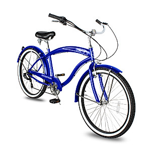 MICARGI Rover Lightweight Beach Cruiser Bike for Men, Adult,24 Inch Wheels, Featuring Steel Step-Over Step Through Steel Frame, 7 Speed Coaster Brake, Hybrid Bike, Complete Cruiser Bikes, Blue