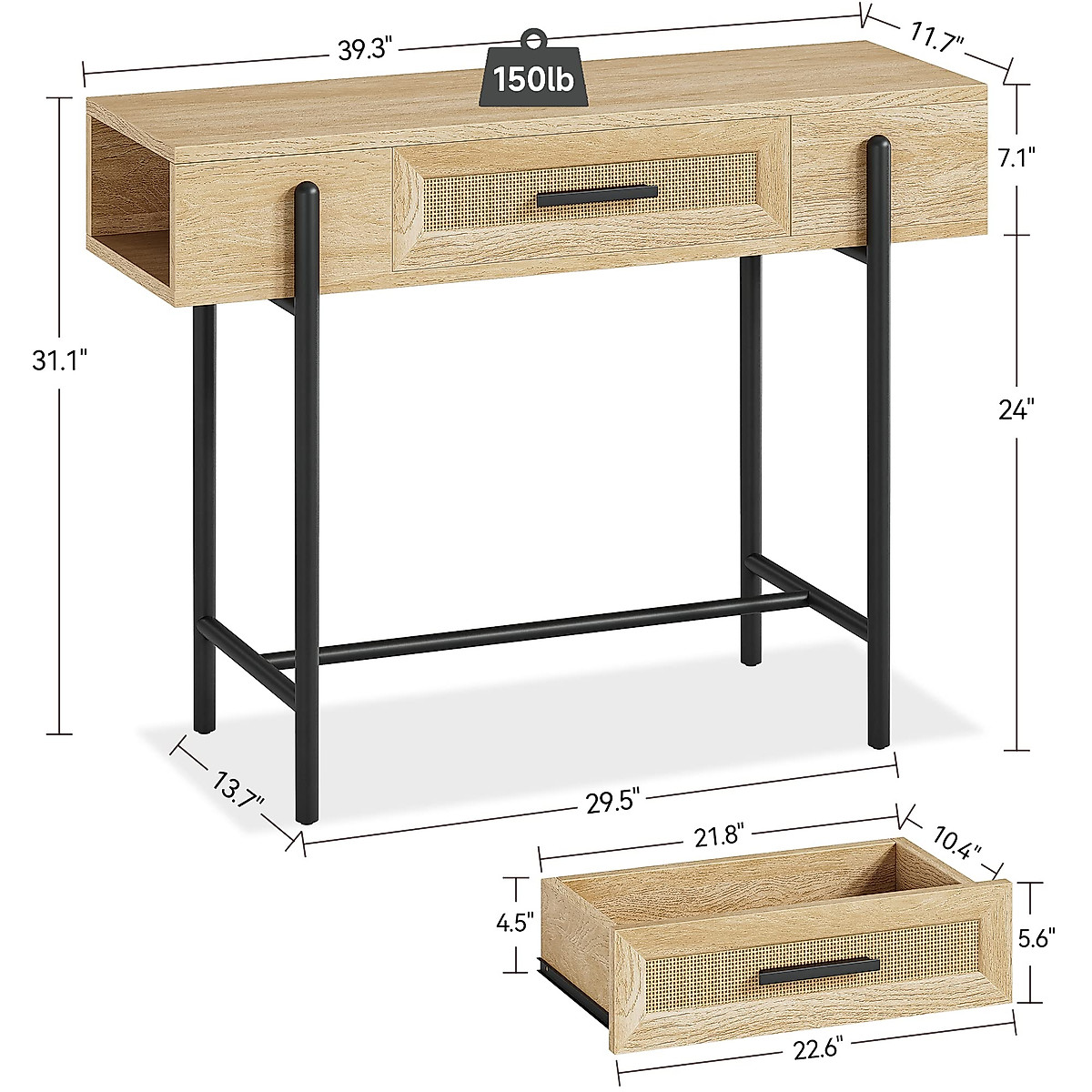 IDEALHOUSE Console Table Rattan Sofa Tables Narrow Entryway Table with Drawer and Storage, 40” Behind Couch Table Hallway Table Boho Desk Home Furniture for Living Room, Foyer, Bedroom