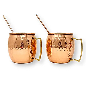 Hashcart® Moscow Mule Kit Moscow Mule Mugs Copper Mule Mugs Set of 2 Moscow Mule Cups Hand Hammered with 1 Shot Glass, 2 Cocktail Straws & Gift Box (16 oz)