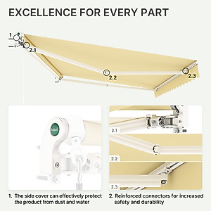 PATISOL 10'x8' Patio Awning Retractable Fully Assembled Manual Sunshade Shelter Aluminum Frame, 100% 280G Polyester Water-resistant Outdoor Window Door Awning Deck Canopy Balcony Yard Business (Beige)