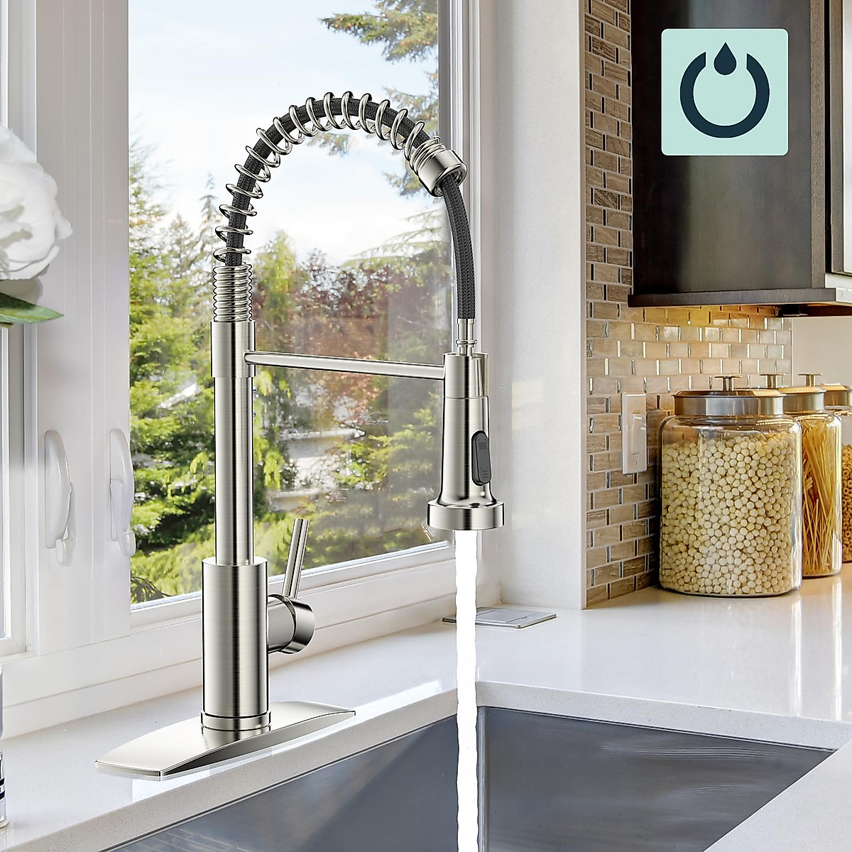 FORIOUS Kitchen Faucet with Pull Down Sprayer, Brushed Nickel Stainless Steel Kitchen Faucet, Utility Single Handle Spring Sink Faucets 1 or 3 Hole, Kitchen Faucets for Farmhouse Camper Laundry Rv Bar