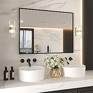 LOAAO 40"X32" Black Rectangle Bathroom Mirror Wall, Matte Black Aluminum Alloy Frame, Tempered Glass, Hangs Vertically or Horizontally, Easy to Install