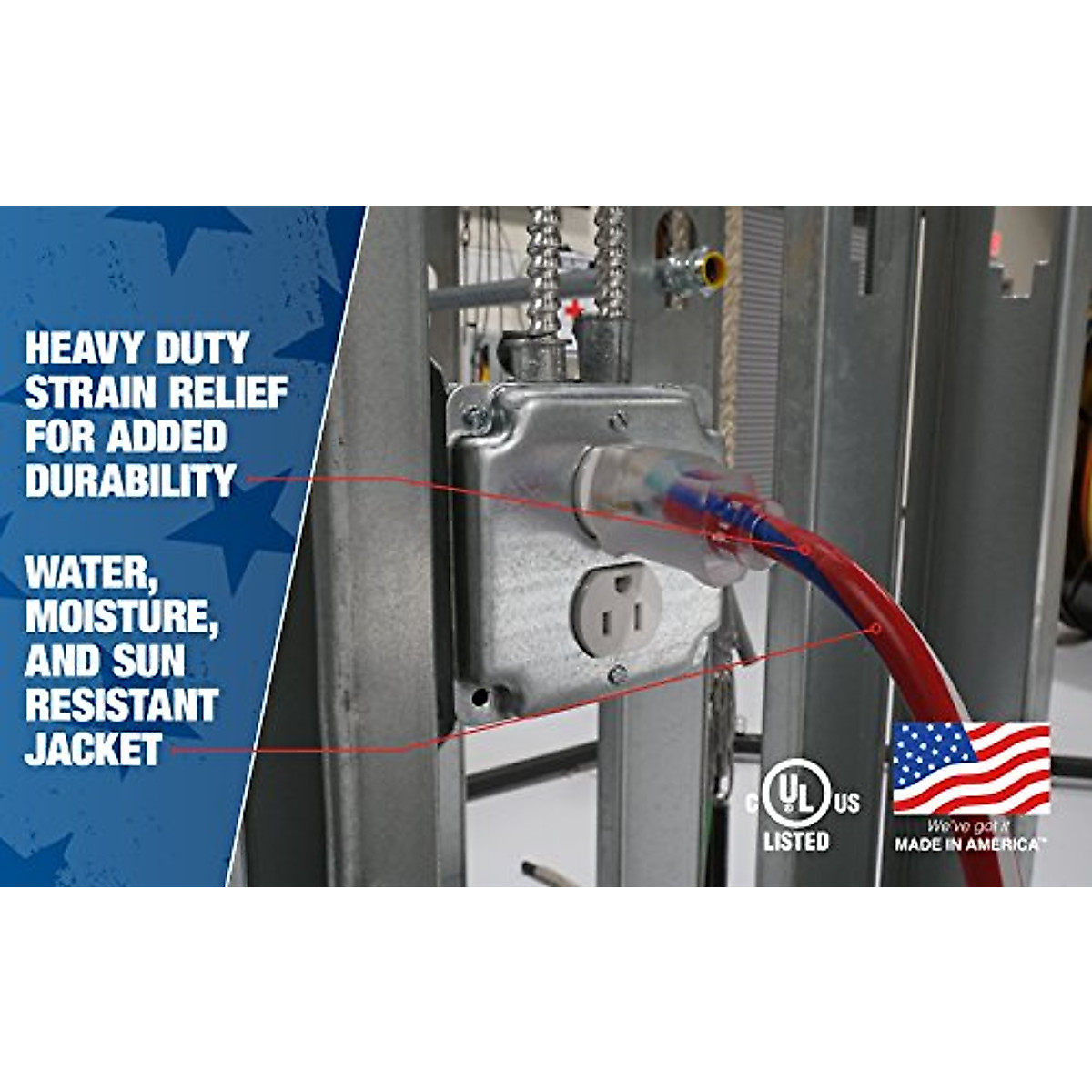 Southwire 2549SWUSA1 100-Feet; Contractor Grade; 12/3 Extension Cord; With Lighted End; Red White And Blue; American Made Extension Cord; Indoor and Outdoor Use; Water Resistant Flexible Jacket