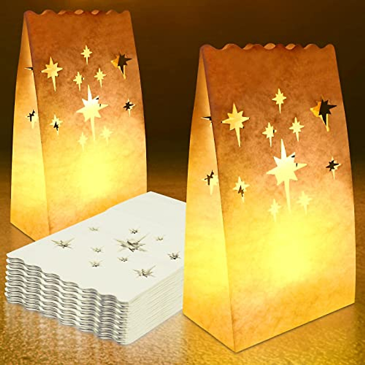 70PCS White Luminary Bags Fireworks Cutout Flame Resistant Halloween Candle Bags Paper Lantern Bags for Christmas Weddings Birthday Party Thanksgiving Decoration Use with Tealights