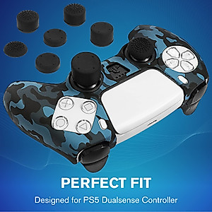 Fosmon Non-Slip Silicone Protective Case Compatible with Sony PS5 Controller (2 Pieces – Camo Black/Blue) Anti-Sweat Case Cover with 8 Pro Thumb Caps