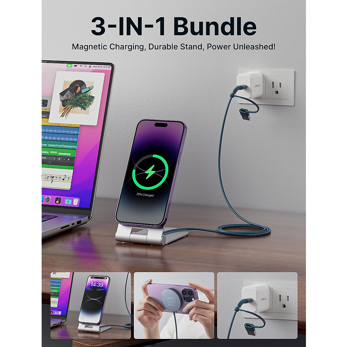 Compatible with MagSafe Charger for iPhone 15 - JSAUX Magnetic Wireless Charger Stand for iPhone 15/15 Pro/15 Plus/15 Pro Max/14 13 12, Magnet Charging Pad (Blue) with 20W PD Adapter and Metal Stand