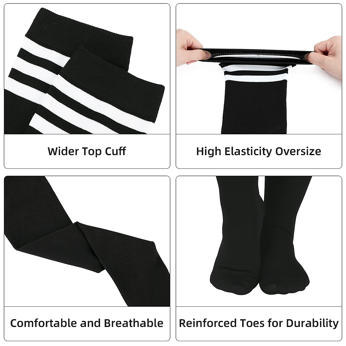 Zando Plus Size Thigh High Stockings Plus Size Long Socks Sexy Cosplay Wide Calf Striped Thigh High Socks Halloween Knee High Socks Girls Warm Socks for Thick Thighs A 1 Pack Black 8-12