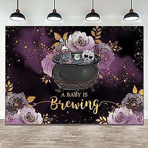 Wollmix Halloween A Baby is Brewing Baby Shower Decorations Backdrop Witch Drink Up Magic Kids Purple Floral Gold Dots Photography Background Party Supplies Banner Photo Studio Booth Props 7x5ft