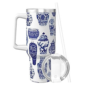 Xiexide 40oz Fits Cup Holder Sports Blue And White Porcelain Chinese Style Chinoiserie Antique Double Walled Vacuum Insulatedith Handle And Straw,Hot & Cold Drinks