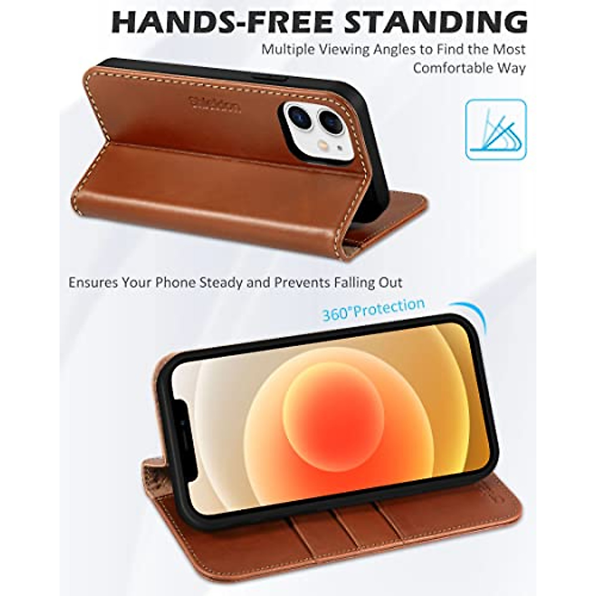 SHIELDON Wallet Case for iPhone 12 5G, Genuine Leather Folio Case Magnetic Shock Absorbing Case RFID Blocking Credit Card Holder Kickstand Compatible with iPhone 12/12 Pro 6.1" - Retro Brown
