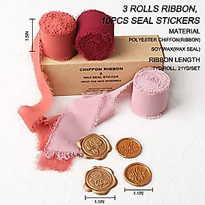 Furnizone Chiffon Silk Ribbon for Gift Wrapping, Pink Red Ribbon for Wedding Invitation Bouquet, 3 Rolls 1.5" Wide x 7 Yd Gift Wrapping Ribbon, with 10Pcs Wax Seal Stickers