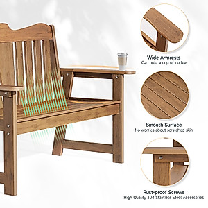 ONBRILL Outdoor Bench, 2-Person Weatherproof Garden Bench with Wide Armrests and Backrest, All-Weather Patio Bench Will not Rot and Fade for Garden, Porch, Backyard and Park, Easy Installation, Teak