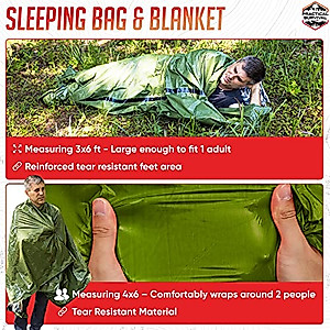 10 Piece Emergency Survival Shelter Kit - 1 Emergency Tent, 1 Emergency Sleeping Bag, 1 Emergency Blanket, 1 Summer Poncho, 1 Winter Poncho and More! Perfect for EDC, Car Kit, Bugout or Get Home Bag.