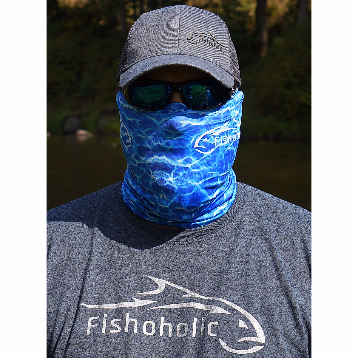 Fishoholic Fishing Face Mask Buff -3 Colors- UPF50+ Fishing Neck Gaiter Wind Dust Sun Protection Hunting Bandana (BlueH2OCamo)