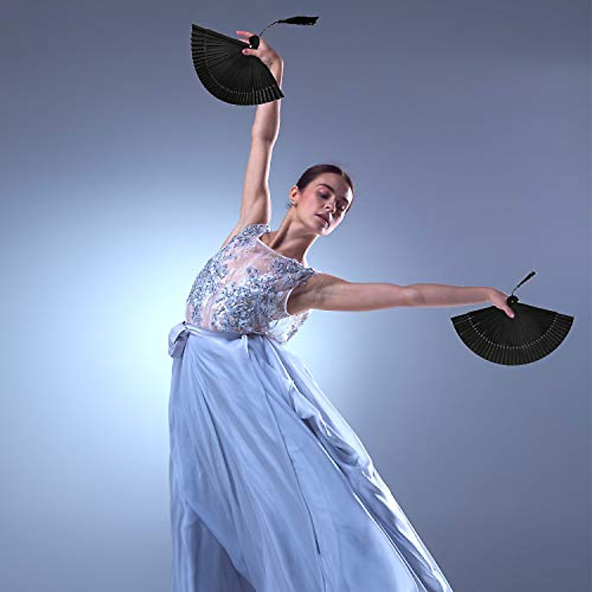 2 Pieces Silk Folding Hand Fan Black Bamboo Handheld Fan Chinese Folded Fan with Tassel for Dance Party Home Decorations (Classic Style)