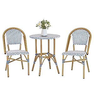 3 Piece Patio Bistro Set , French Wicker Outdoor Bistro Set with Round Table and 2 Dining Chairs , ‎Aluminum Wicker Furniture, All Weather Outdoor Patio Conversation Set for Garden Balcony Cafes Yard