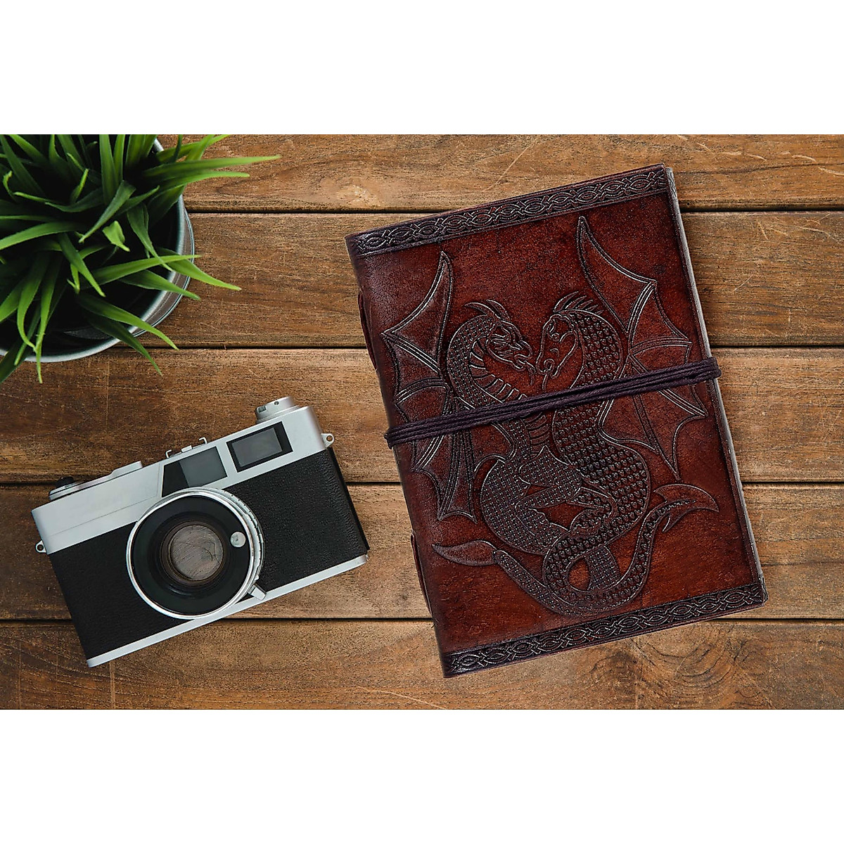 AzureGreen DOUBLE DRAGON Blank Page BOOK Handcrafted Leather Writing Unlined 5 x 7 JOURNAL (Brown)