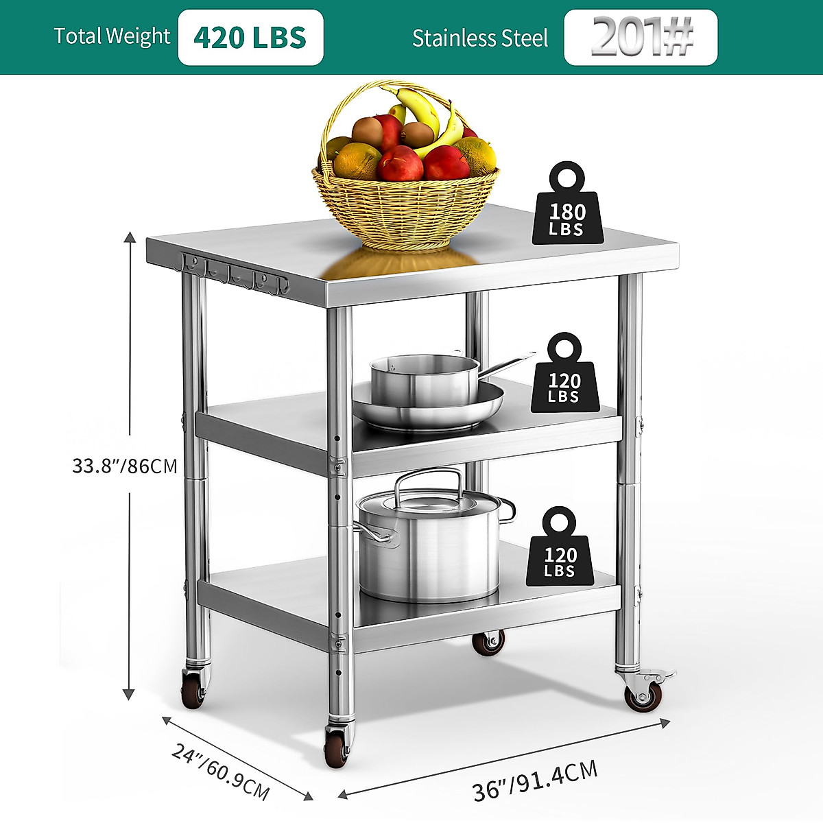 YITAHOME NSF Stainless Steel Table, 30" X 24" Work Table with Wheels, 3 Shelves Metal Table Prep Table for Home Kitchen Restaurant Garage Warehouse Outdoor