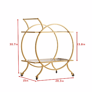 LORMITER Gold Bar Carts for The Home Bar Serving Cart, Rolling Bar Cart Gold with Lockable Caster Wheels, Glass Bar Carts with 2 Mirrored Shelves, Storage Round Wine Carts for Kitchen, Party