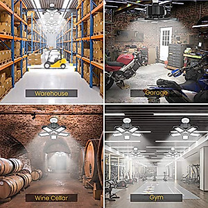 LED Garage Lights, 100W UDIYO Deformable Garage Ceiling Light with 5 Adjustable LED Panels, 6000LM E26/E27 Basement Lights, Fits for Garage, Warehouse, Barn, Workshop and Yard