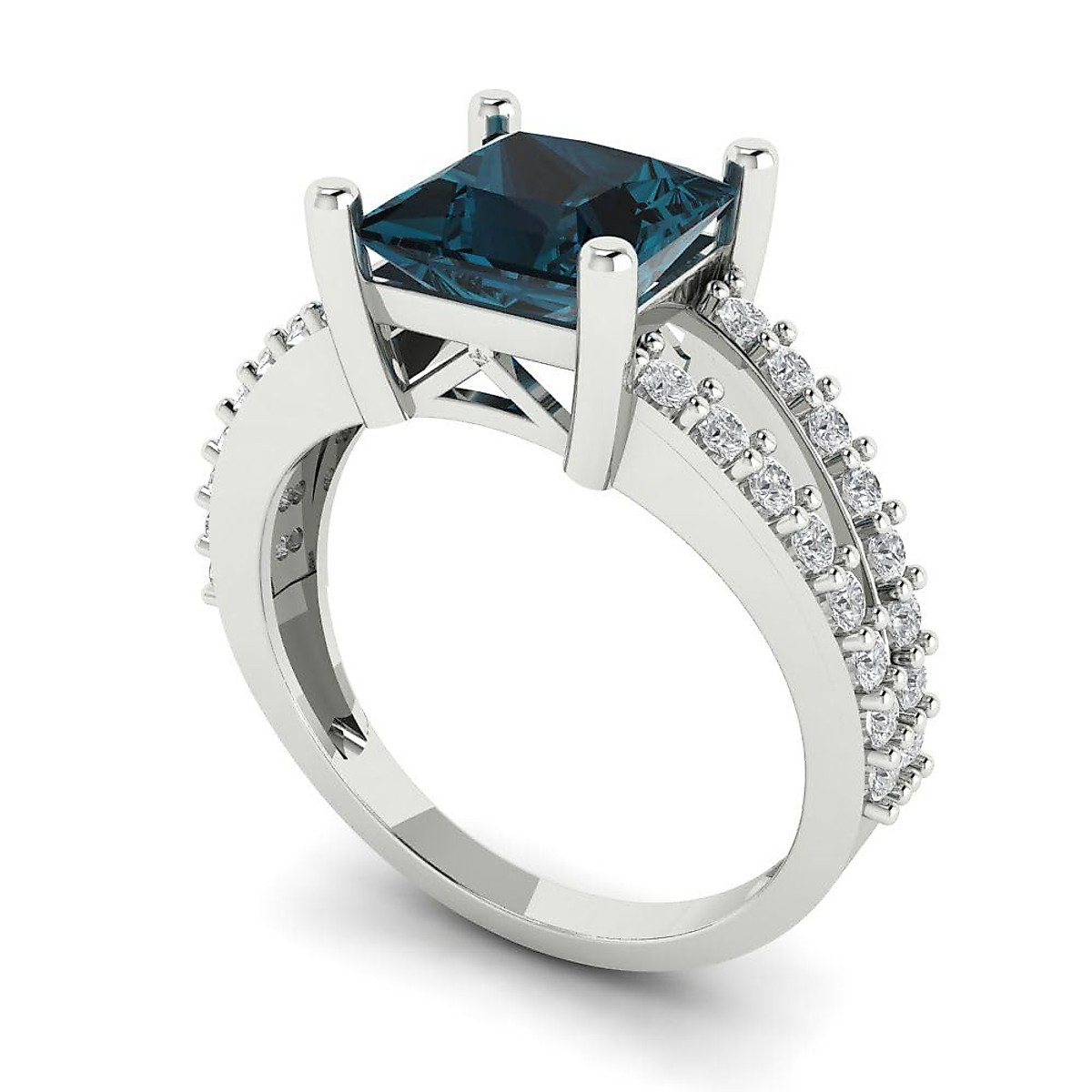Clara Pucci 2.39ct Princess cut Custom Engraving Solitaire split shank London Blue Topaz Statement Art Deco Ring 14k White Gold SZ 9.5