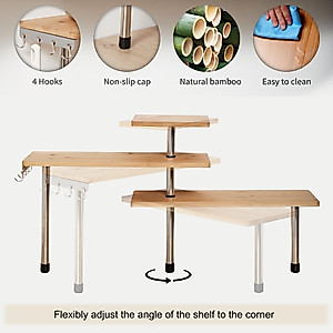 HYNAWIN 3 Tier Corner Shelf Bamboo & Metal Storage Spice Rack-Desk Bookshelf Display Shelves Space Saving Organizer -Adjustable Rack for Kitchen,Bedroom, Office-Creative Home Décor with Hooks