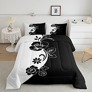 Castle Fairy Black and White Comforter Set,Modern Floral Bedding Set for Kids Girls Women,Adults Abstract Art Comforter,Yin and Yang Quilted Duvet Set Bedroom Collection Twin Size 2Pcs
