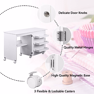 Usinso Folding Sewing Table Multifunctional Sewing Machine Cart Table Sewing Craft Cabinet with Storage Shelves Portable Rolling Sewing Desk Computer Desk with Lockable Casters(White)