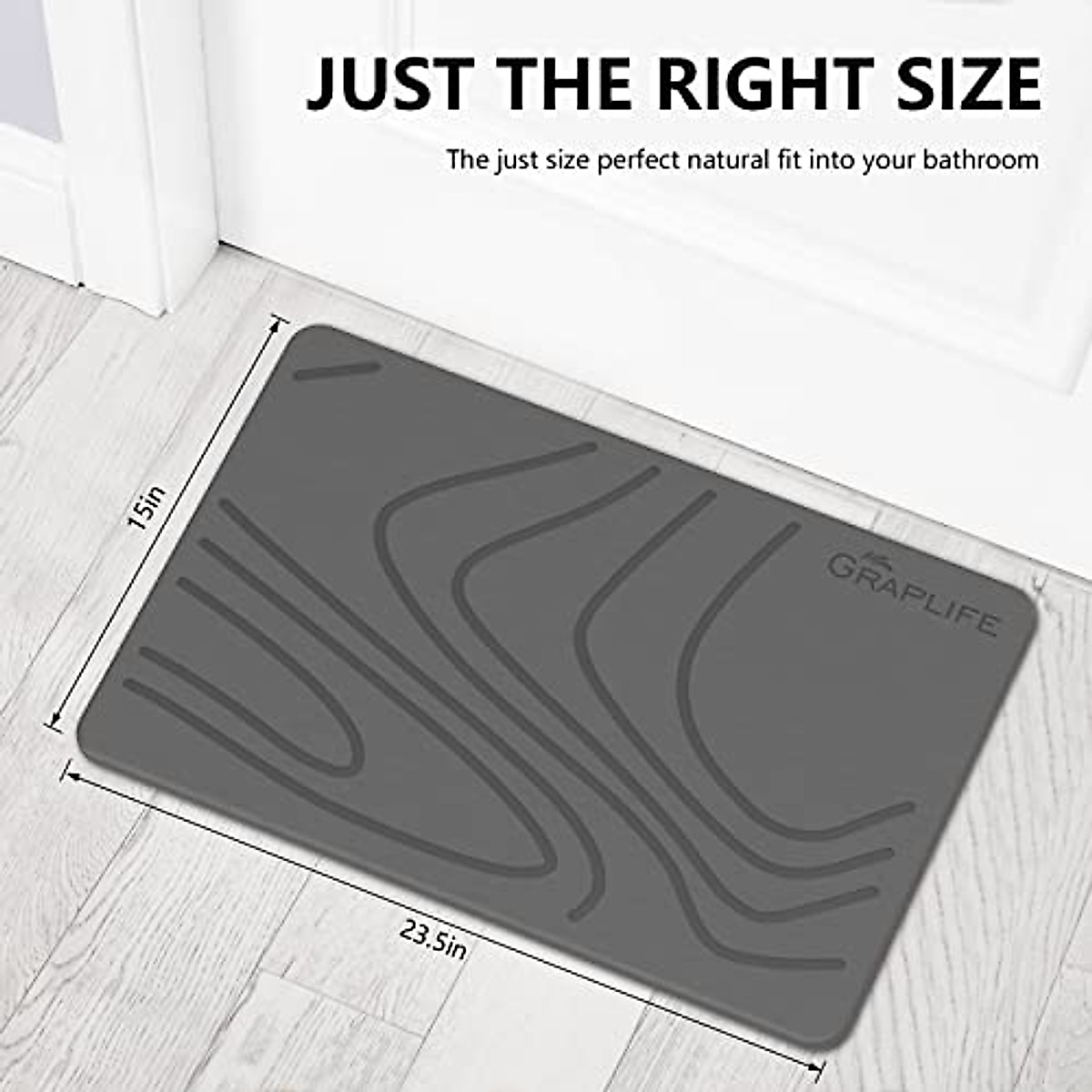 Graplife Stone Bath Mat - Non-Slip Fast-Drying Mat for Kitchen Counter, Tub & Bathroom Floor - Super Absorbent Diatomaceous Earth Shower Mat - Elegant Home Decor & Modern Accessories - Gray 23.5x15”
