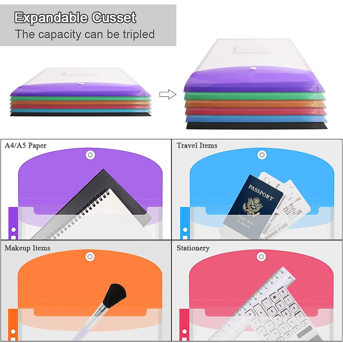 12 Pack Plastic Envelopes Binder Pocket 11 Holes Expandable Binder Folders for 2/3/4 Ring Document Pouch with Snap Button & Label Loose-Leaf Transparent for School Home Office (Vertical-Opening)