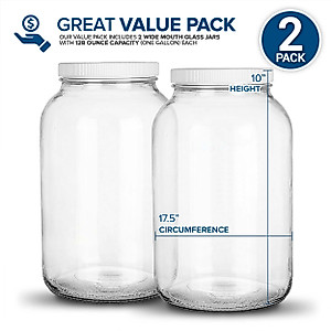 Stock Your Home 128 Oz Glass Jar with Plastic Airtight Lid (2 Pack) - 1 Gallon Glass Jar for pickling, fermentation, brewing, food storage