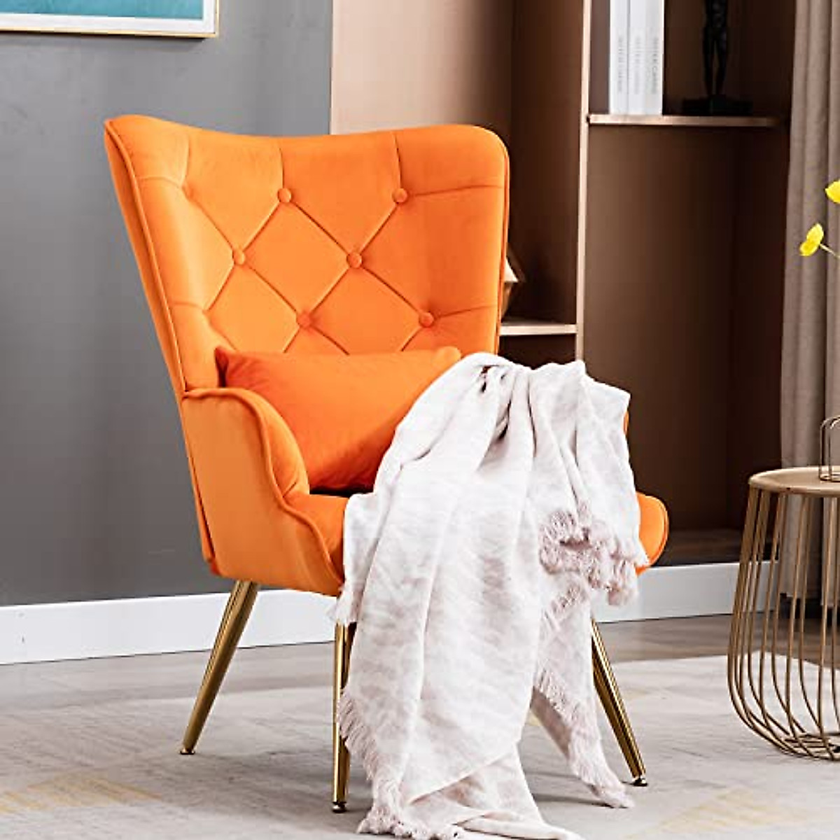 Artechworks Velvet Buttoned Accent Arm Chair with Golden Legs & Pillow, High Back Living Room Bedroom Chairs, Modern Leisure Chair for Living/Dining/Lounge Room,Office,Orange Color