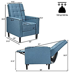 Giantex Push Back Recliner Chair, Modern Fabric Recliner w/Button-Tufted Back, Accent Arm Chair for Living Room, Bedroom, Home Office (Blue)