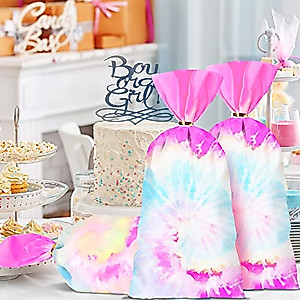 100 Pcs Tie Dye Party Favor Bags Heat Sealable Cellophane Bags Macaron Color Goodie Bags Plastic Gift Bags Tie Dye Candy Bags with 150 Gold Twist Ties for Tie Dye Theme Birthday Party Supplies