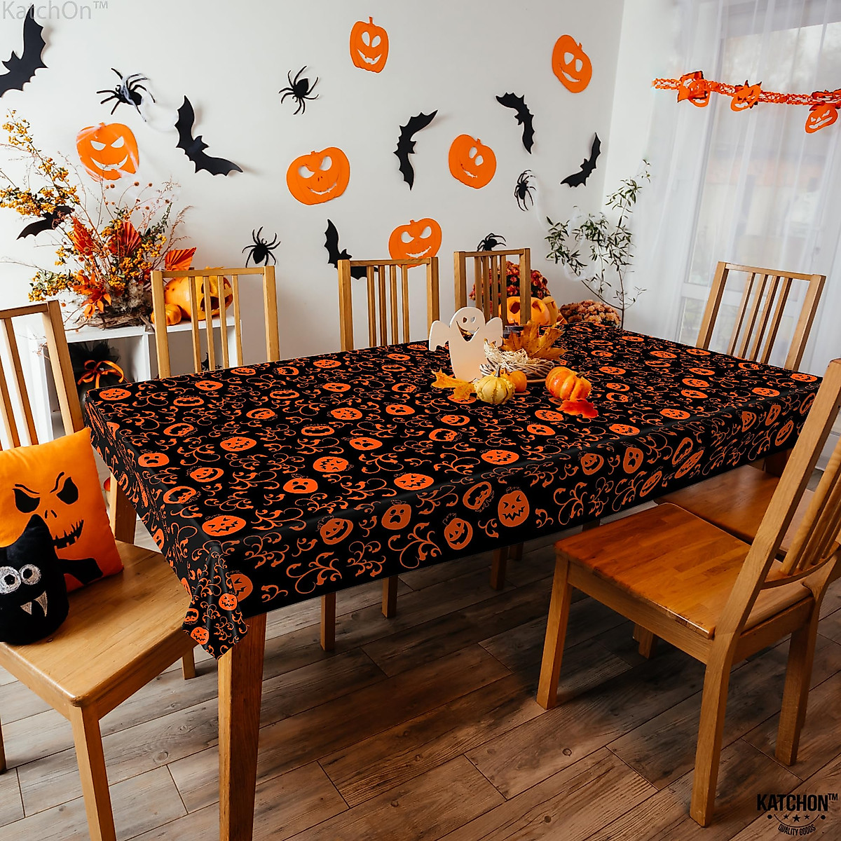 KatchOn, Pumpkin Halloween Tablecloth Plastic - 54x90 Inch, Pack of 3 | Pumpkin Tablecloth, Black and Orange Halloween Table Covers | Halloween Table Cloth Disposable, Pumpkin Halloween Decorations