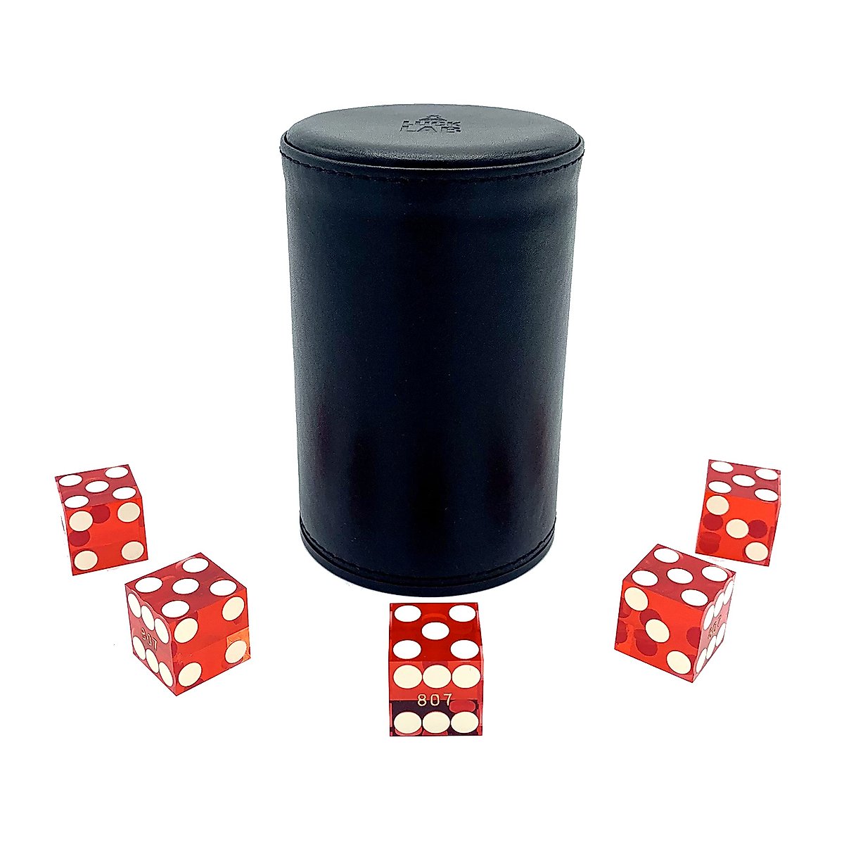 Luck Lab Black Leather Dice Stacking Cup with 5 Serialized Razor Edge 19 mm Casino Dice - Pro Straight Cup for Stacking and Magic Tricks (Red Dice)