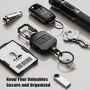 ELV Retractable ID Badge Holder, Retractable Keychain Badge Reel, Heavy Duty Metal Body, Strong Dyneema Cord, Carabiner and Key Chain, 30 inch Wire Extension, Hold Up to 15 Keys and Tools [1 Pack]