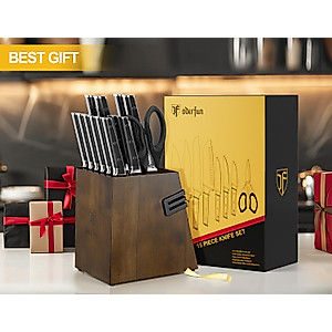 ODERFUN Kitchen Knife Set with Block, 15PCS Full Tang Knife Block Set with Built-in Sharpener, High Carbon Stainless Steel Knives Sets for Kitchen, Razor Sharp Kitchen Knives with Box