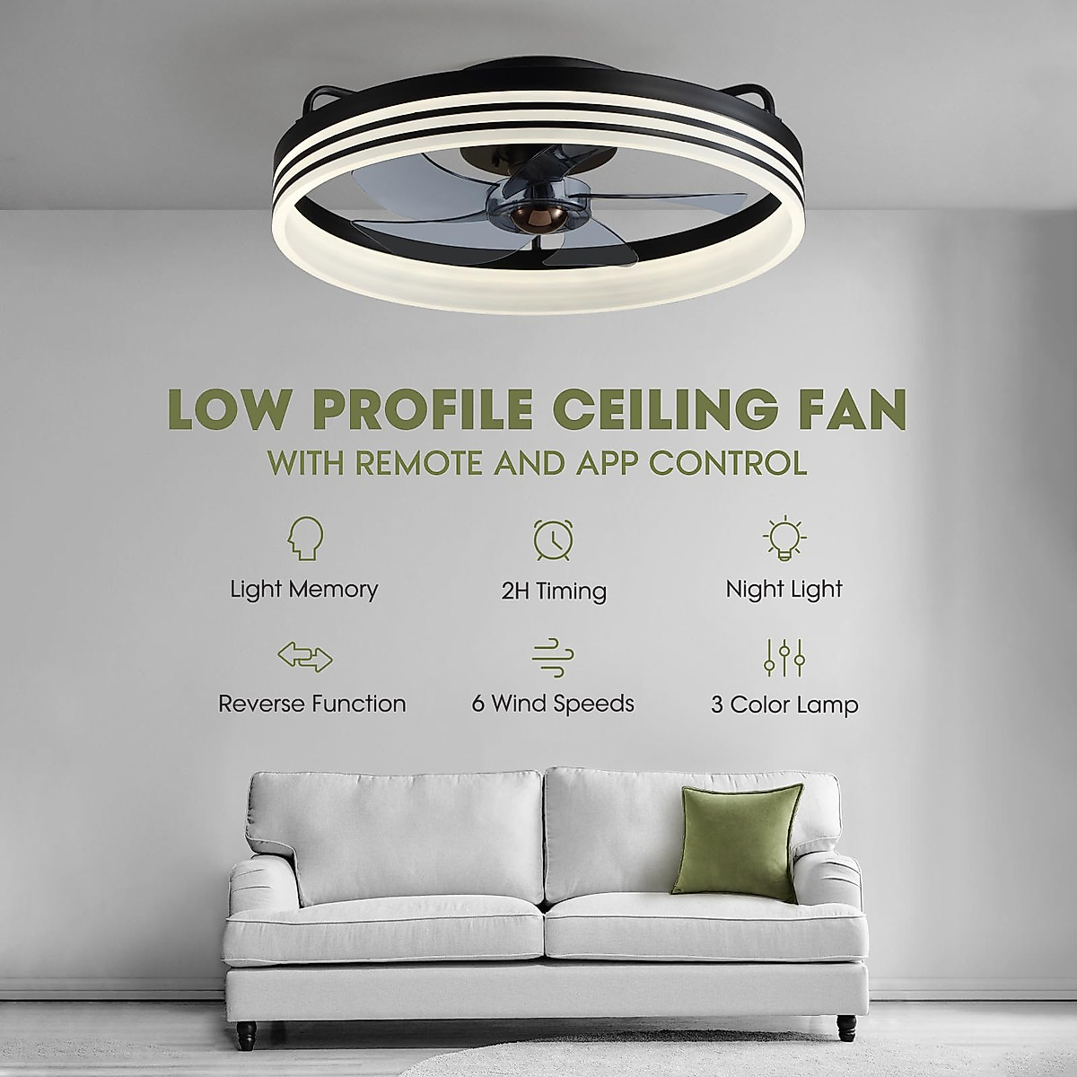 LUDOMIDE Ceiling Fans with Lights, Flush Mount Ceiling Fan with Lights and Remote, 6 Wind Speeds Smart Low Profile Ceiling Fan for Bedroom, Kids Room and Living Room 20" (Black)