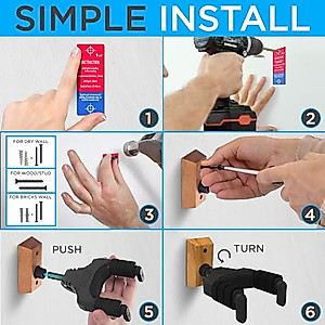 Pyle Guitar Wall Mount Hanger with Auto Lock, Universal Hook Holder with Sapele Hard Wood Base, 45 Degree Swivel, EVA Cushion for Electric and Acoustic Guitars