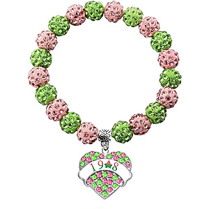 TongXin Greek Sorority Paraphernalia Gifts Sorority Bracelet Leaf Pendant Jewelry Pink and Green Bead Bracelet for Women (Heart Charm)