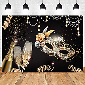 Masquerade Party Backdrops Retro Gold Black Mask Carnival Birthday Photography Backdrop Fiesta Mardi Gras Dance Photo Background Champagne Glass Photo Booths Props Decorations 8x6ft Vinyl