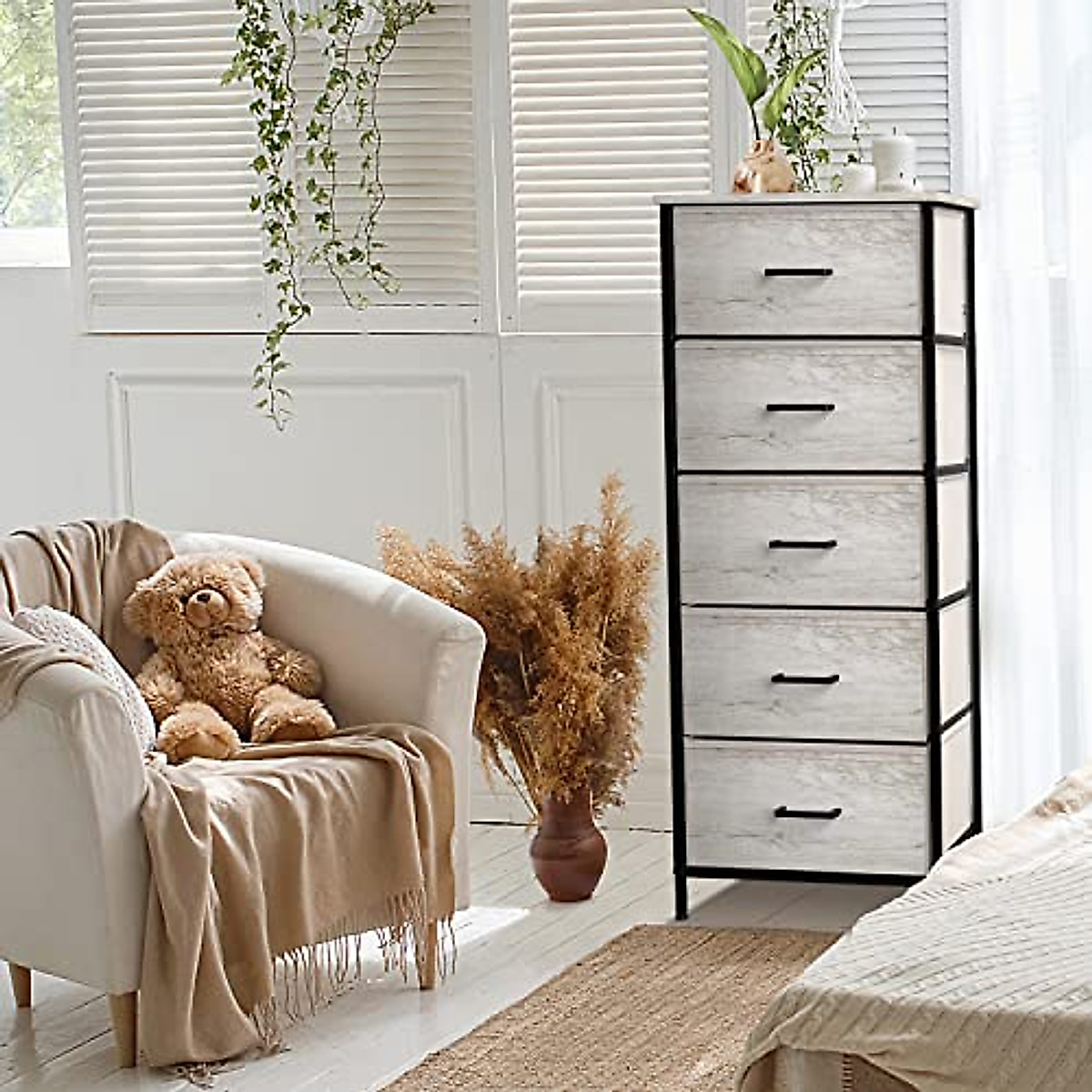 Sorbus Tall Fabric Storage Dresser - Stand Up Tower of 5 Drawers with Steel Frame, Wood Top, & Faux Wood Fabric - Great for Bedroom, Dorm, Closet, Living Room, Entryway - Narrow Nightstand Organizer