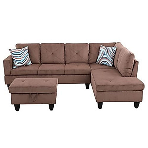 SOCOUCH Corduroy Fabric Sectional Corner Sofa, L-Shape Couch with Storage Ottoman, Living Room Furniture Sets Design for Large Space Dorm Apartment Office, Right Chaise, Brown