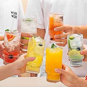 Claplante Drinking Glasses, Origami Style 6 pcs Glass Cups with straw, 11oz Highball Glasses, Elegant Ripple Vintage Glassware, Ribbed Glasses, Iced Coffee Glasses Ideal for Cocktail Whiskey, Juice