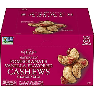 Sahale Snacks Pomegranate Vanilla Cashews, 1.5 oz Bags (18 Packs) - Dry-Roasted Deluxe Mixed Nuts with Pomegranate Infused Apples & Madagascar Vanilla - Non-GMO, Kosher, & Certified Gluten-Free Snacks