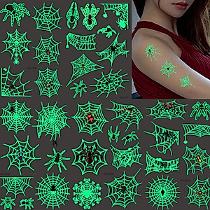 Temporary Tattoos for Kids, 73PCS Luminous Halloween Spider Web Glow in the Dark Fake Tattoos, Body Stickers Decorations, Halloween Cosplay Face Makeup Holiday Party Favors Gifts for Adults Spider